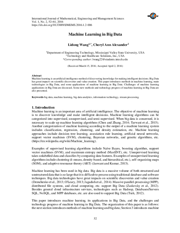 (PDF) Machine Learning in Big Data