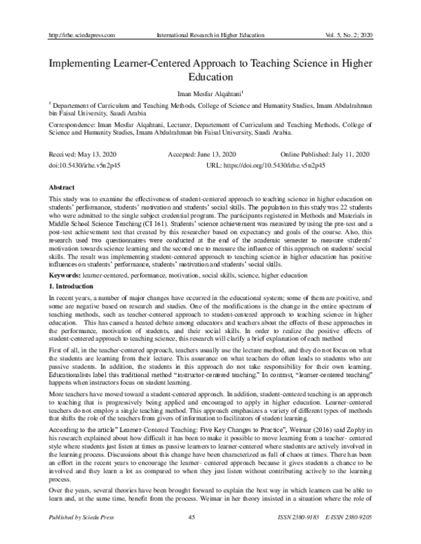 (PDF) Implementing Learner-Centered Approach to Teaching Science in Higher Education