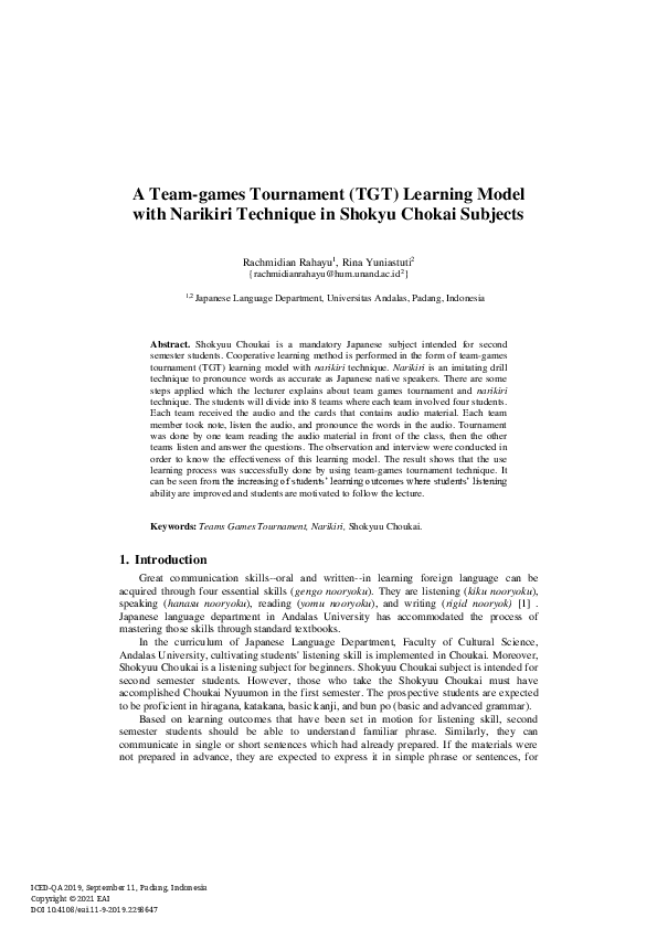 (PDF) A Team-games Tournament (TGT) Learning Model with Narikiri ...