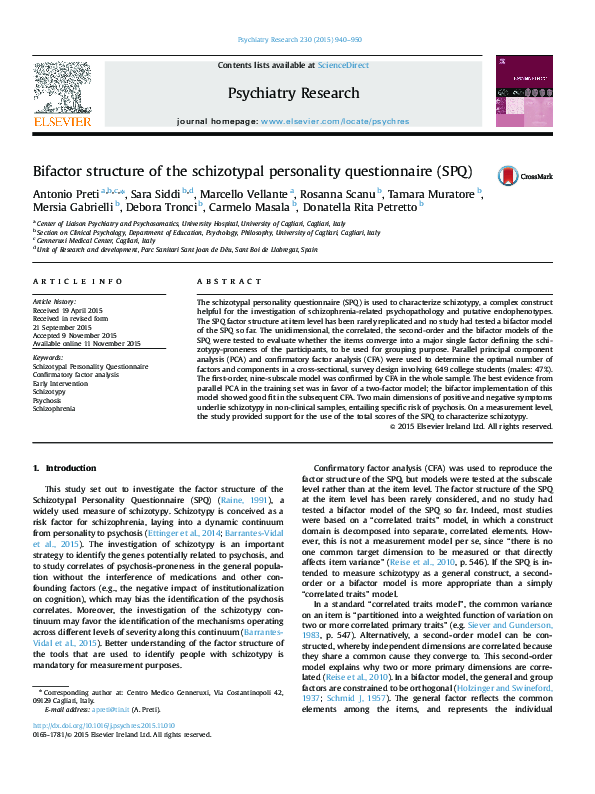(PDF) Bifactor structure of the schizotypal personality questionnaire (SPQ)