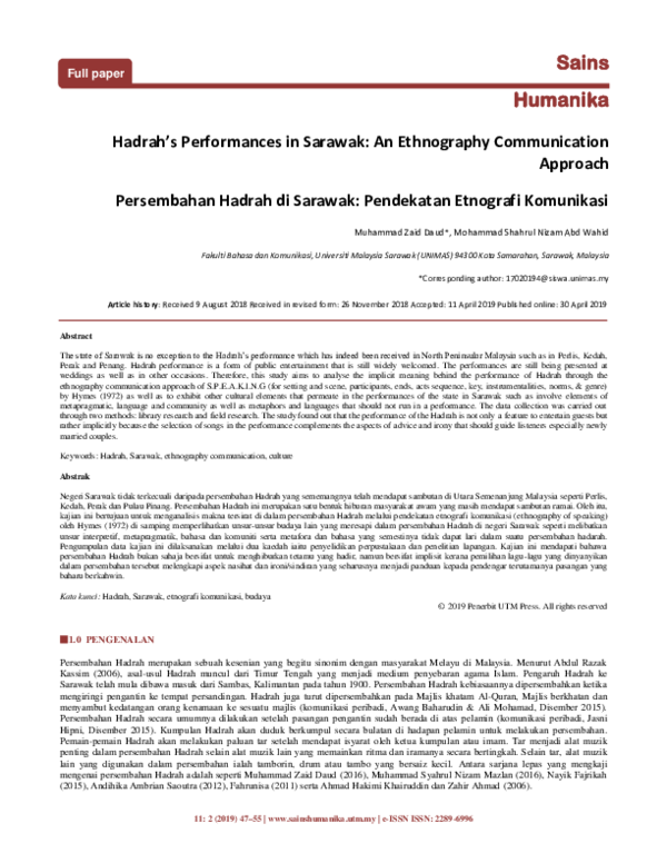 (PDF) Persembahan Hadrah di Sarawak: Pendekatan Etnografi Komunikasi