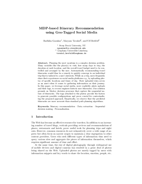 (PDF) MDP-based Itinerary Recommendation using Geo-Tagged Social Media