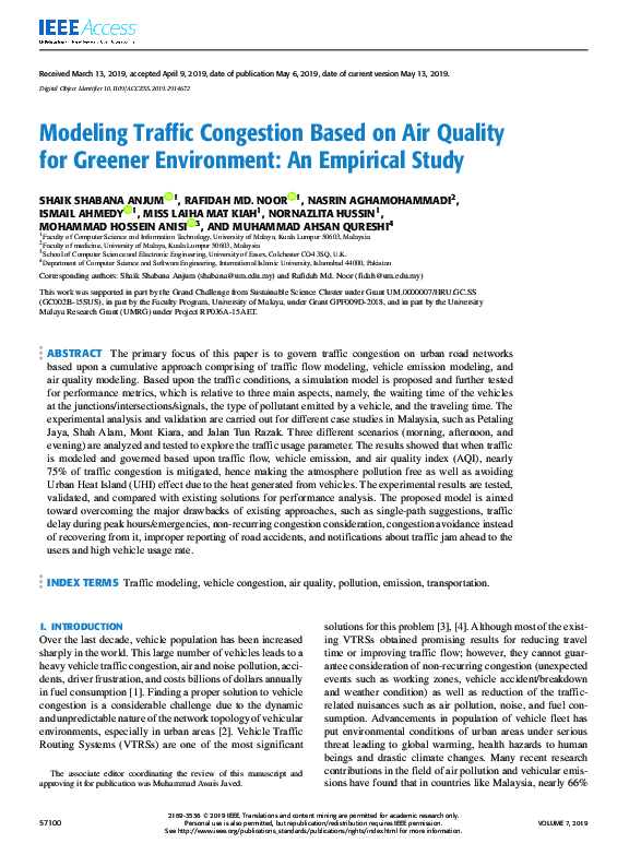 (PDF) Traffic Congestion Modeling for Air Quality Improvement