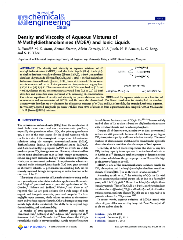 (PDF) Density and Viscosity of MDEA/Ionic Liquid Mixtures
