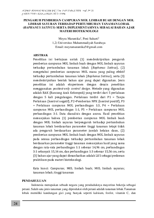 (PDF) Pengaruh Pemberian Campuran Mol Limbah Buah Dengan Mol Limbah Sayuran Terhadap Pertumbuhan ...