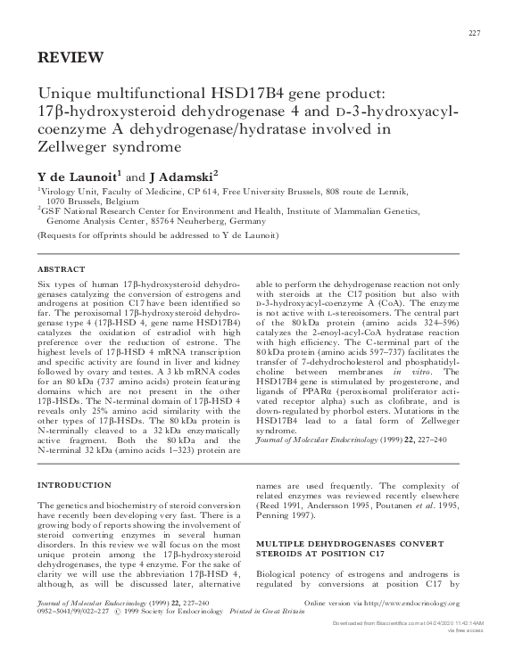 (PDF) Unique multifunctional HSD17B4 gene product: 17beta ...