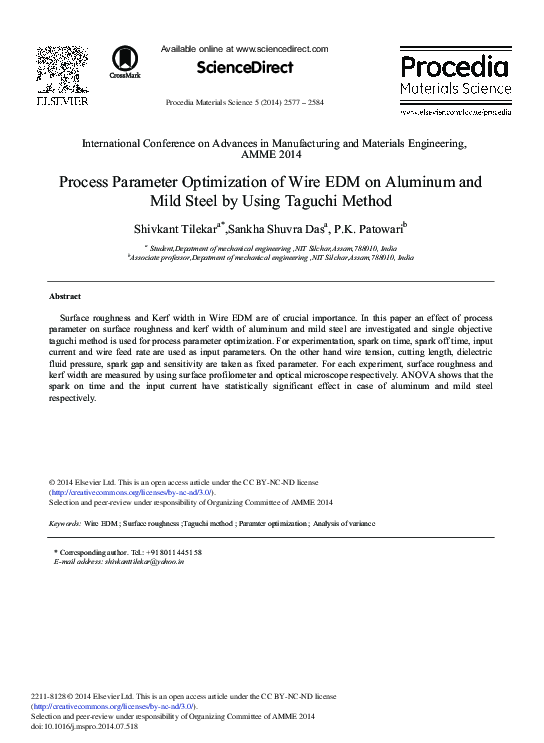 Pdf Process Parameter Optimization Of Wire Edm On Aluminum And Mild Steel By Using Taguchi Method