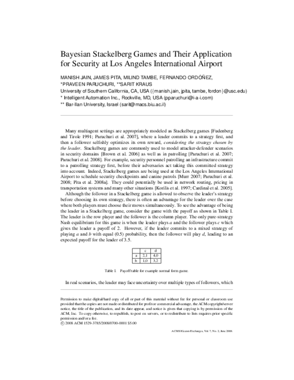 Pdf Bayesian Stackelberg Games And Their Application For Security At Los Angeles International