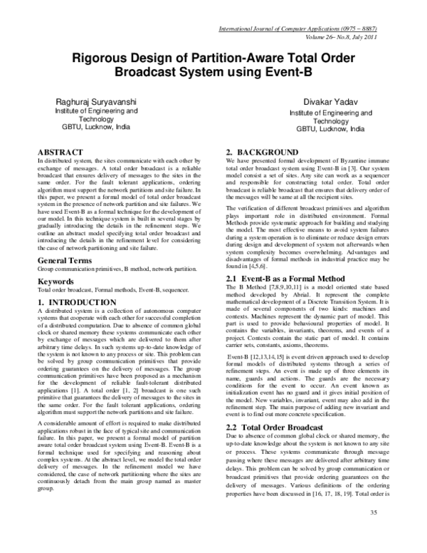 (PDF) Rigorous Design of PartitionAware Total Order Broadcast System using EventB