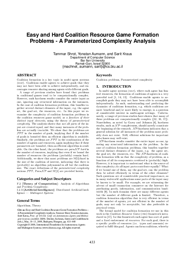 (PDF) Easy and hard coalition resource game formation problems: a ...
