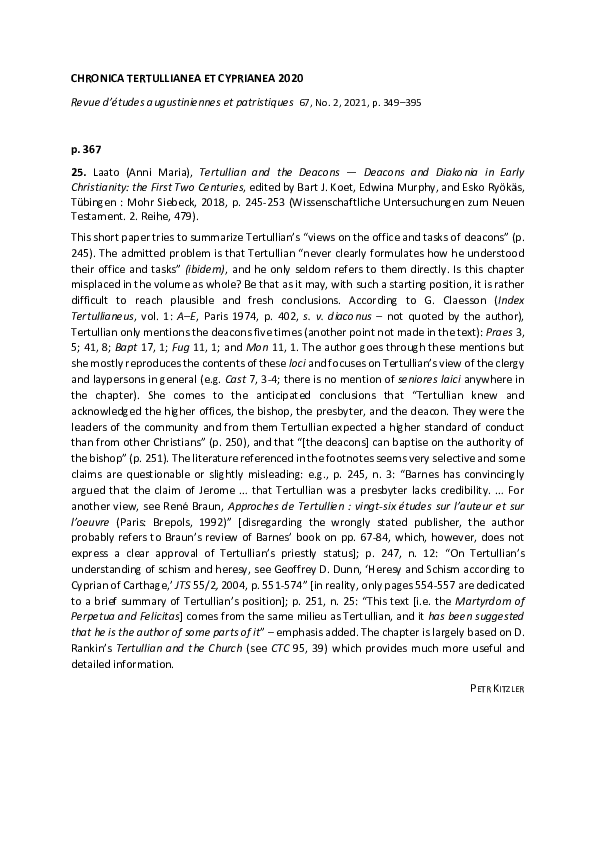 (PDF) Chronica Tertullianea et Cyprianea 2020, No. 25 (rf. Laato, Anni ...