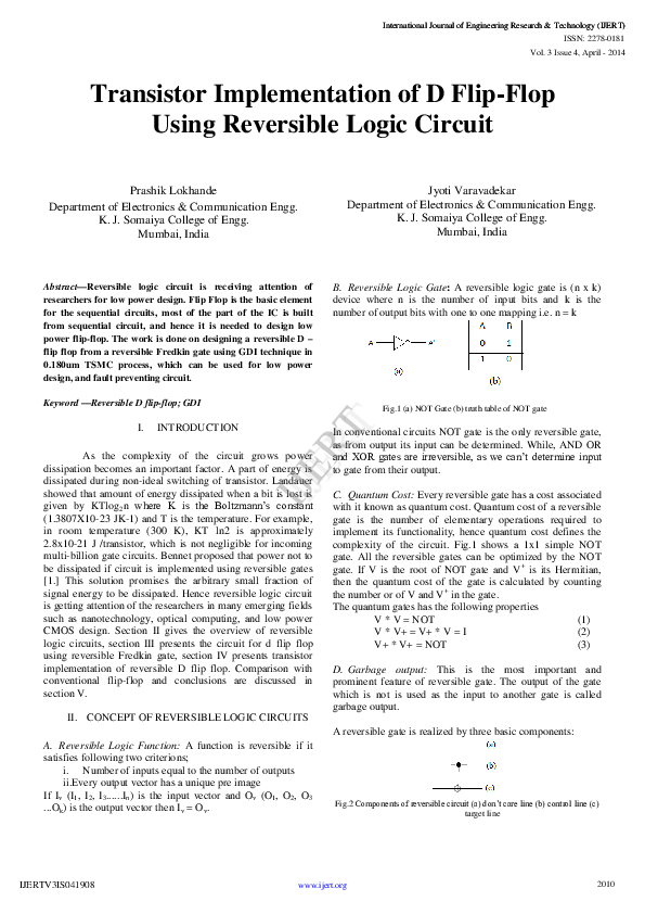 Pdf Transistor Implementation Of D Flip Flop Using Reversible Logic Circuit