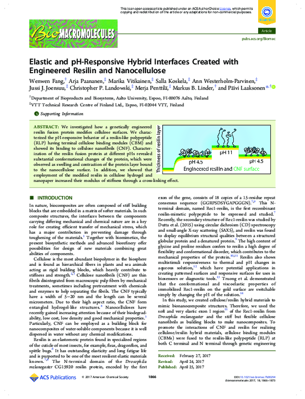 Pdf Elastic And Ph Responsive Hybrid Interfaces Created With Engineered Resilin And Nanocellulose