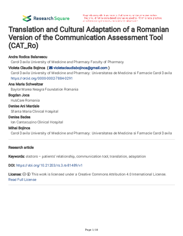 (PDF) Translation and Cultural Adaptation of a Romanian Version of the ...