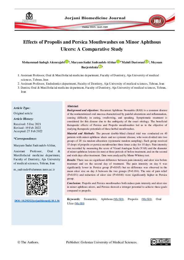 (PDF) Effects of Propolis and Persica Mouthwashes on Minor Aphthous ...