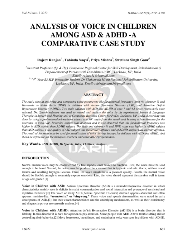 (PDF) ANALYSIS OF VOICE IN CHILDREN AMONG ASD & ADHD -A COMPARATIVE ...