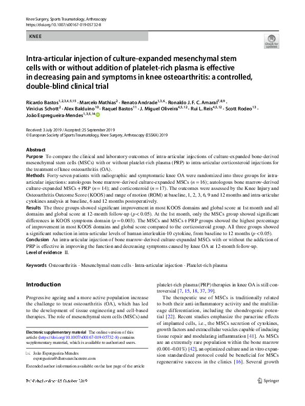 (PDF) Intra-articular injection of culture-expanded mesenchymal stem cells with or without ...
