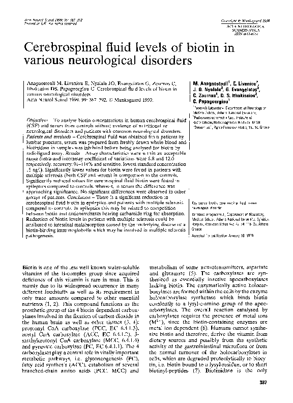 (PDF) Cerebrospinal fluid levels of biotin in various neurological disorders