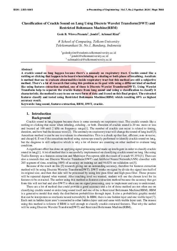 Pdf Classification Of Crackle Sound In Lung Using Discrete Wavelet