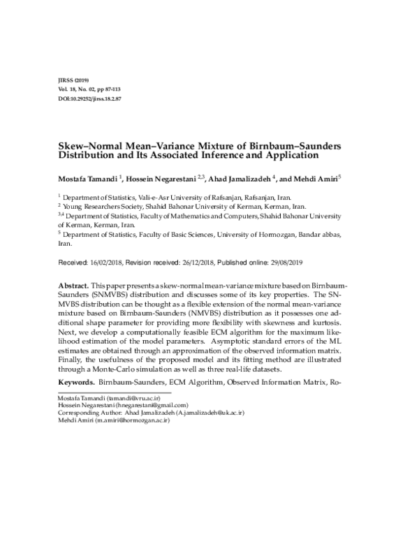(PDF) Skew-normal Mean-variance Mixture of Birnbaum-Saunders Distribution