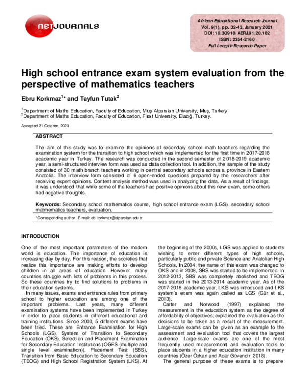 (PDF) High school entrance exam system evaluation from the perspective ...