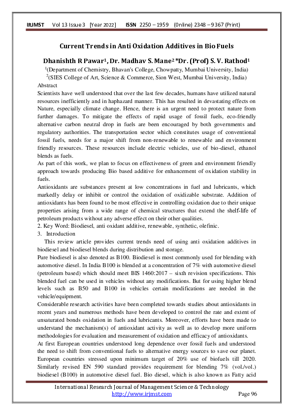 (PDF) Current Trends in Anti Oxidation Additives in Bio Fuels