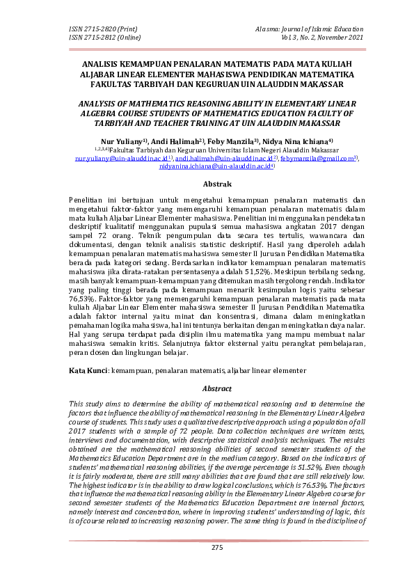 (PDF) Analisis Kemampuan Penalaran Matematis Pada Mata Kuliah Aljabar ...