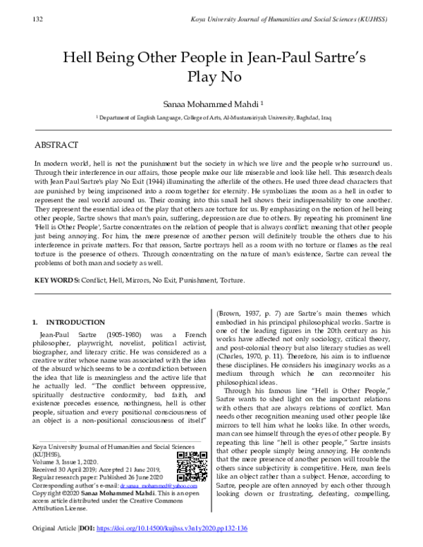 (PDF) Hell Being Other People in Jean-Paul Sartre’s Play No Exit