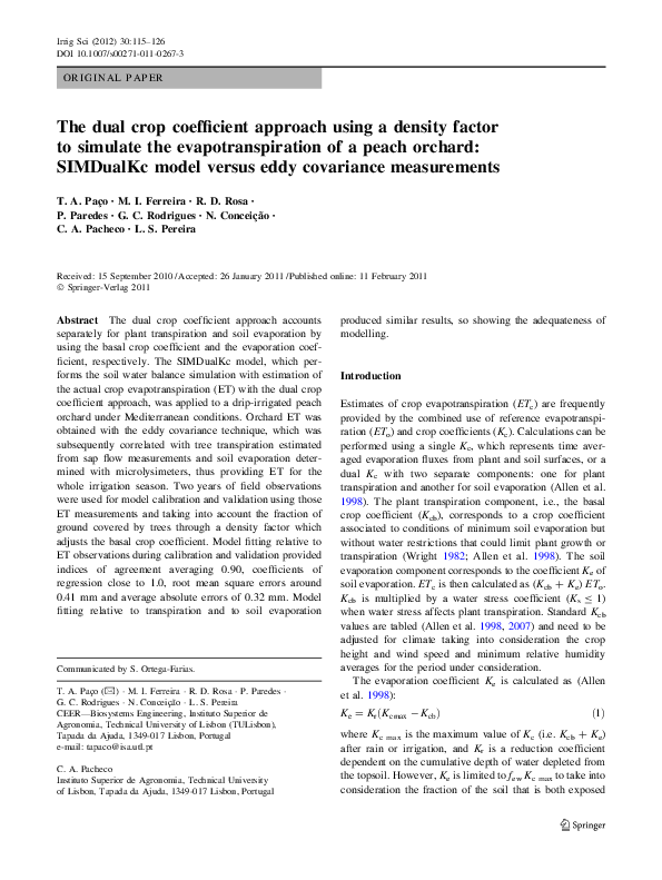 Pdf The Dual Crop Coefficient Approach Using A Density Factor To Simulate The