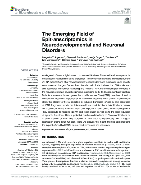 (PDF) The Emerging Field of Epitranscriptomics in Neurodevelopmental and Neuronal Disorders