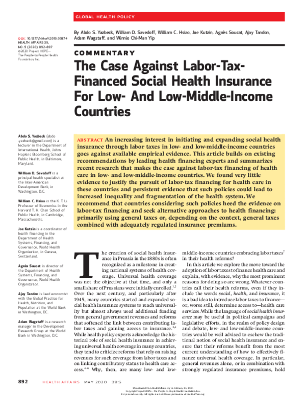 (PDF) The Case Against Labor-Tax-Financed Social Health Insurance For ...