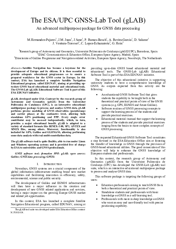 (PDF) The ESA/UPC GNSS-Lab tool (gLAB): An advanced multipurpose package for GNSS data processing