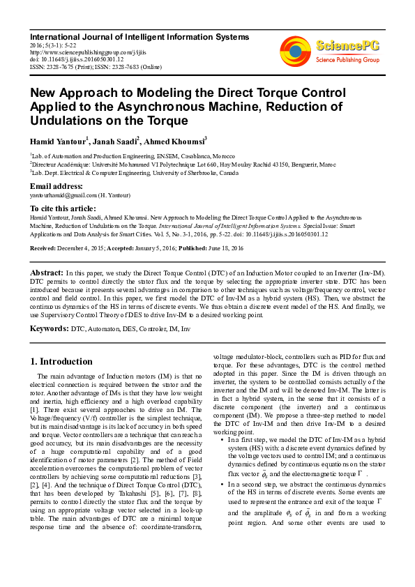 (PDF) New Approach to Modeling the Direct Torque Control Applied to the Asynchronous Machine ...