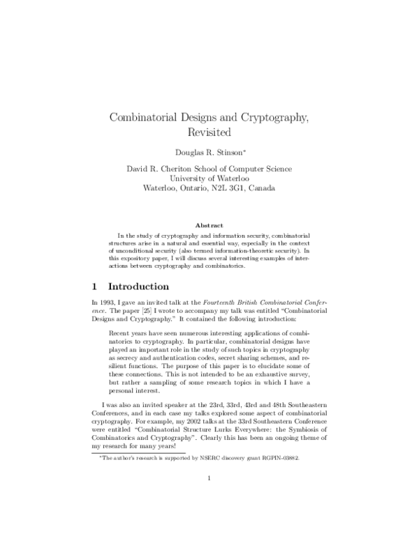 (PDF) Combinatorial Designs and Cryptography, Revisited