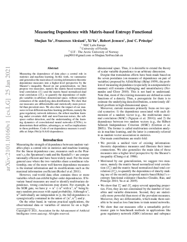(PDF) Measuring Dependence with Matrix-based Entropy Functional