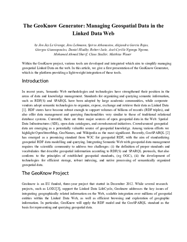 Pdf The Geoknow Generator Managing Geospatial Data In The Linked Data Web
