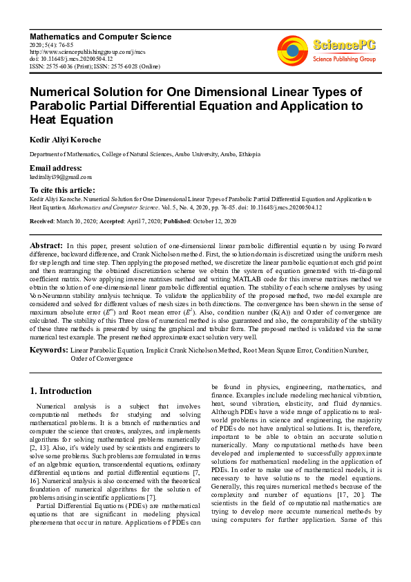 Pdf Numerical Solution For One Dimensional Linear Types Of Parabolic Partial Differential