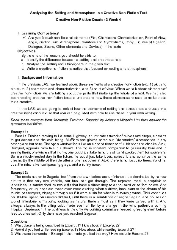 (PDF) Analyzing the Setting and Atmosphere in a Creative Non.docx week