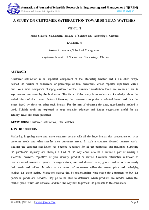 (PDF) A STUDY ON CUSTOMER SATISFACTION TOWARDS TITAN WATCHES