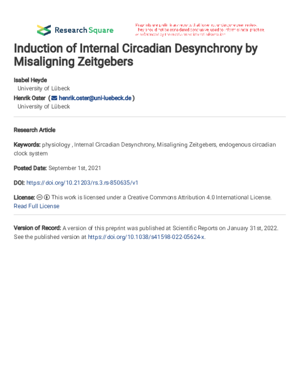 (PDF) Induction of Internal Circadian Desynchrony by Misaligning Zeitgebers