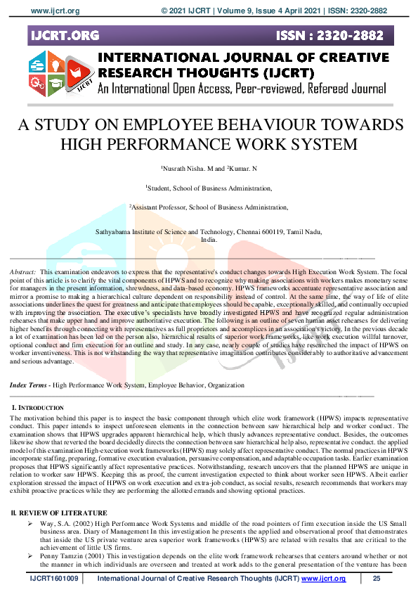 (PDF) A STUDY ON EMPLOYEE BEHAVIOUR TOWARDS HIGH PERFORMANCE WORK SYSTEM 1