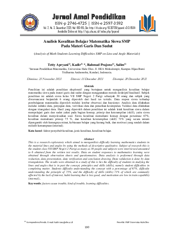 (PDF) Analisis Kesulitan Belajar Matematika Siswa SMP Pada Materi Garis Dan Sudut