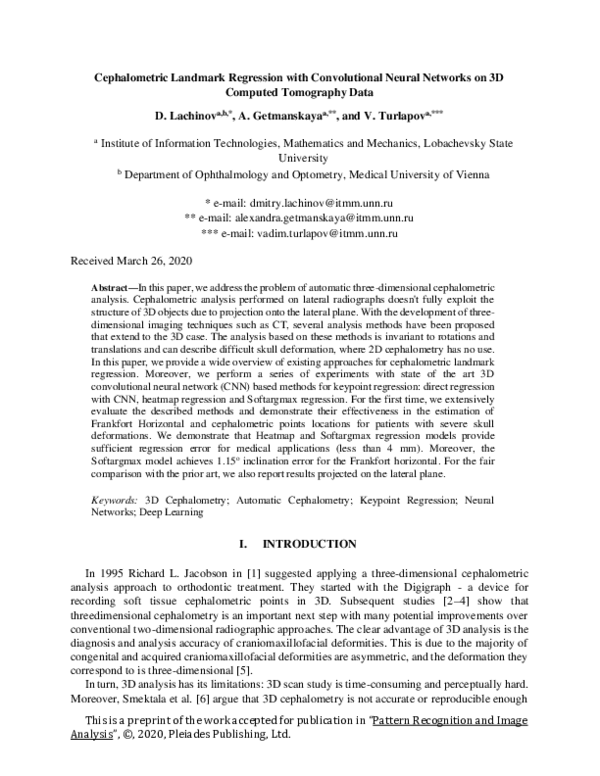 (PDF) Cephalometric Landmark Regression with Convolutional Neural Networks on 3D Computed ...