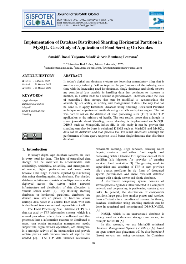 (PDF) Implementation of Database Distributed Sharding Horizontal Partition in MySQL. Case Study ...