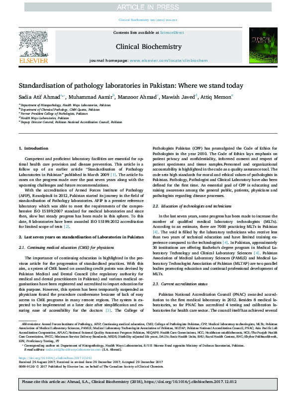 (PDF) Standardisation of pathology laboratories in Pakistan: Where we ...