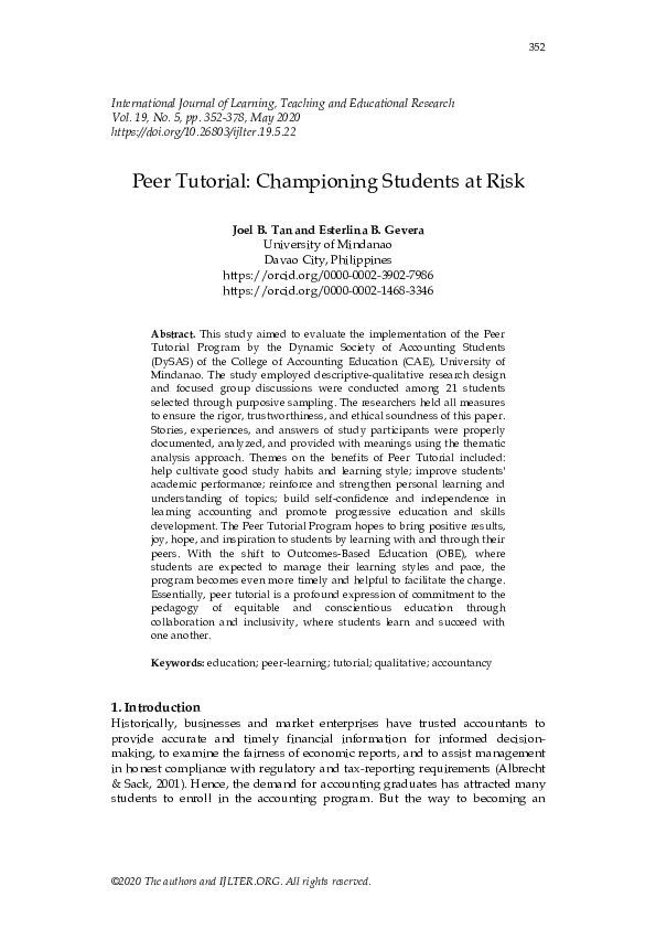 (PDF) Peer Tutorial: Championing Students at Risk
