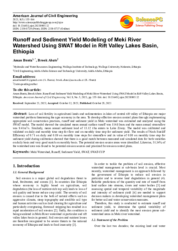 (PDF) Runoff and Sediment Yield Modeling of Meki River Watershed Using SWAT Model in Rift Valley ...