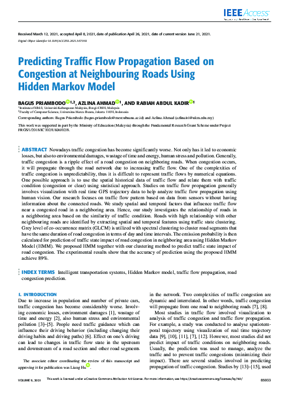 Pdf Predicting Traffic Flow Propagation Based On Congestion At