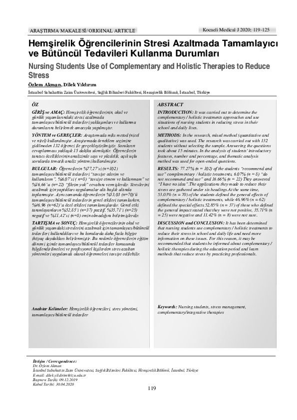(PDF) Hemşirelik Öğrencilerinin Stresi Azaltmada Tamamlayıcı ve ...
