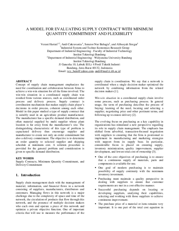 (PDF) A Model For Evaluating Supply Contract With Minimum Quantity Commitment And Flexibility
